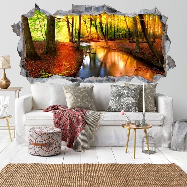 🥇 Autocollants murs coucher de soleil forêt d'automne 3D 🥇