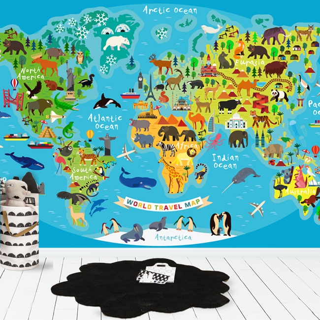 🥇 Papier peint ou papier peint carte animaux des continents pour enfants 🥇